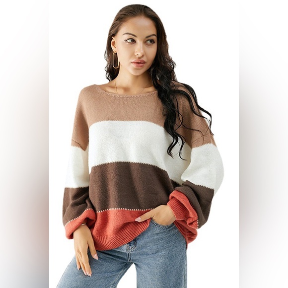 boutique | Sweaters | Coffee Brown Multicolored Color Block Dropped ...